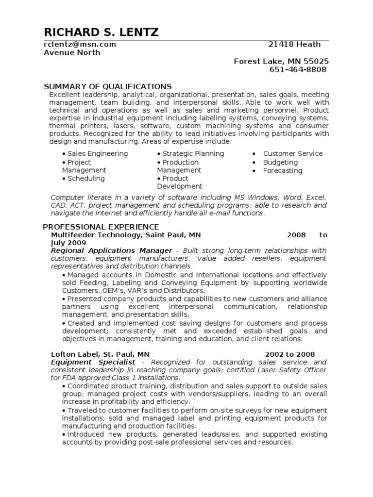Richard Lentz Resume Sepdf | PDF | Sales | Project Management