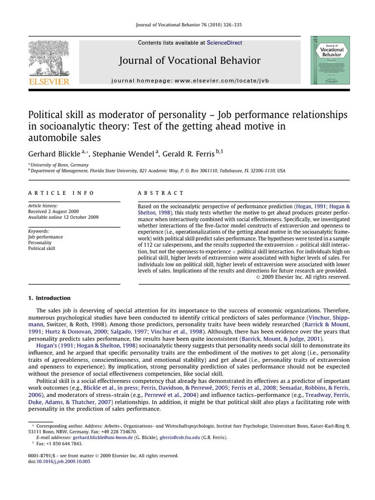 Political Skill As Moderator of Personality - Job Performance ...