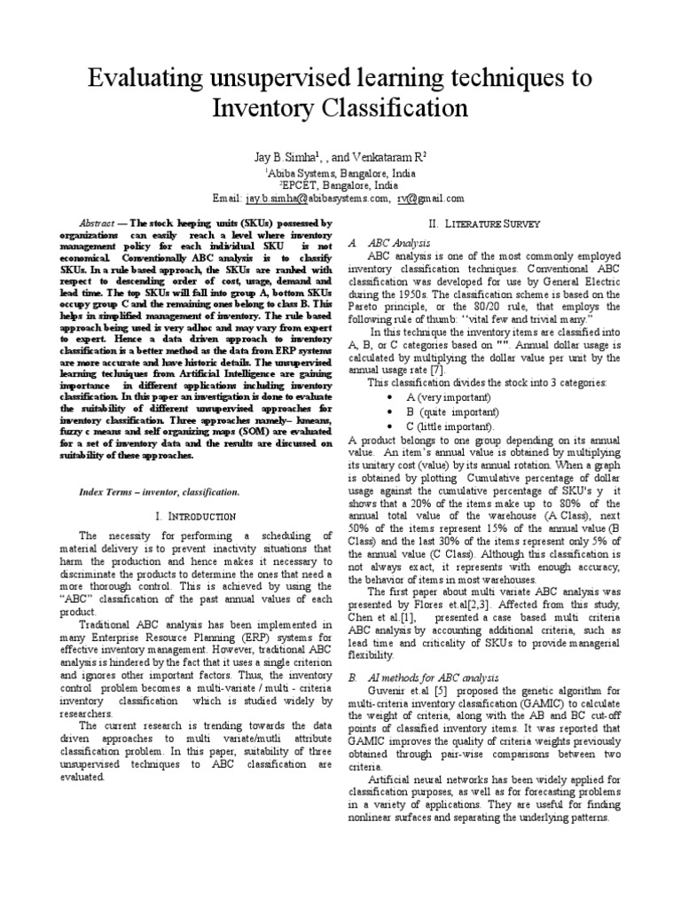 Evaluating Unsupervised Learning Techniques for Inventory Classification: A Comparison of K ...