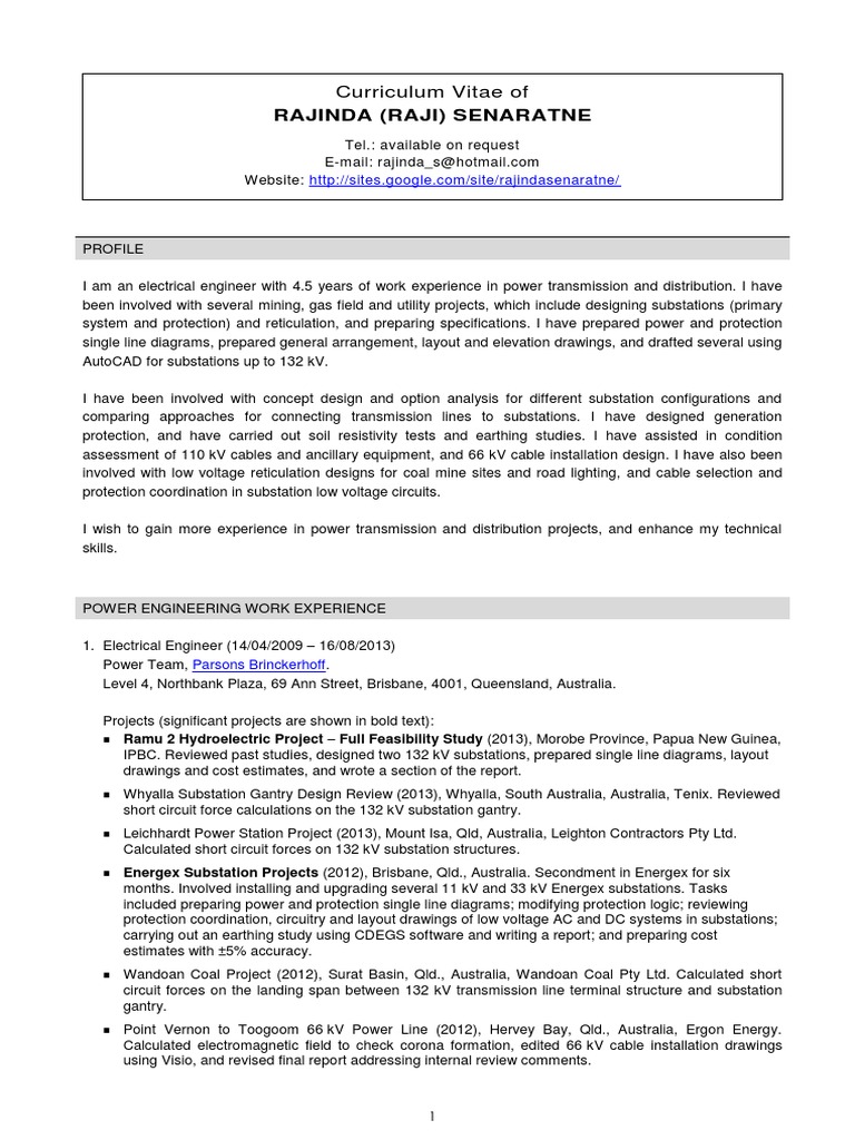CV of Raji Senaratne (Web) | PDF | Electrical Substation | Electric Power Transmission