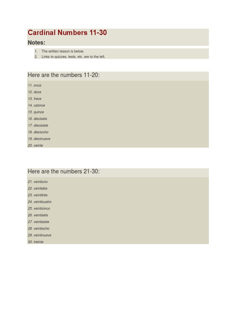 Cardinal Numbers 11-30: Notes | PDF
