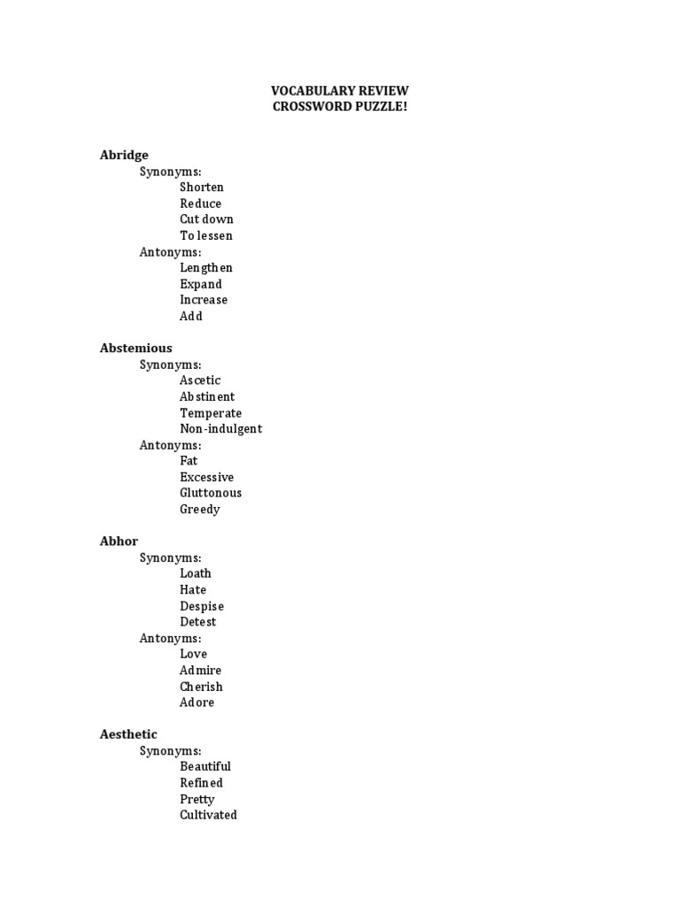 Vocabulary Crossword Puzzle Guide | PDF