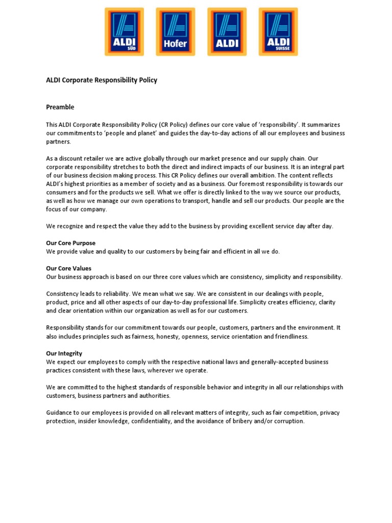 ALDI Corporate Responsibility Overview | PDF | Sustainability | Supply ...
