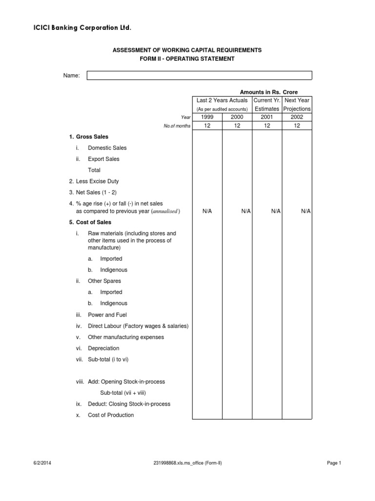 ICICI Banking Corporation LTD.: Assessment of Working Capital Requirements Form Ii - Operating ...