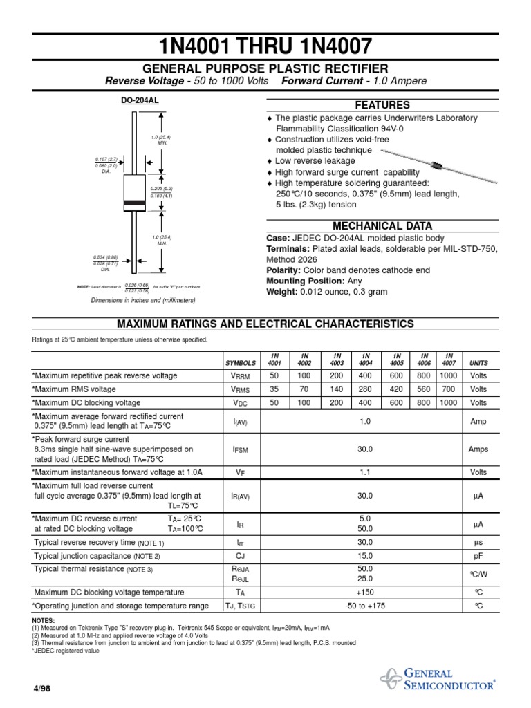 Data Sheet Diodo 1N400 | PDF | Rectifier | Voltage