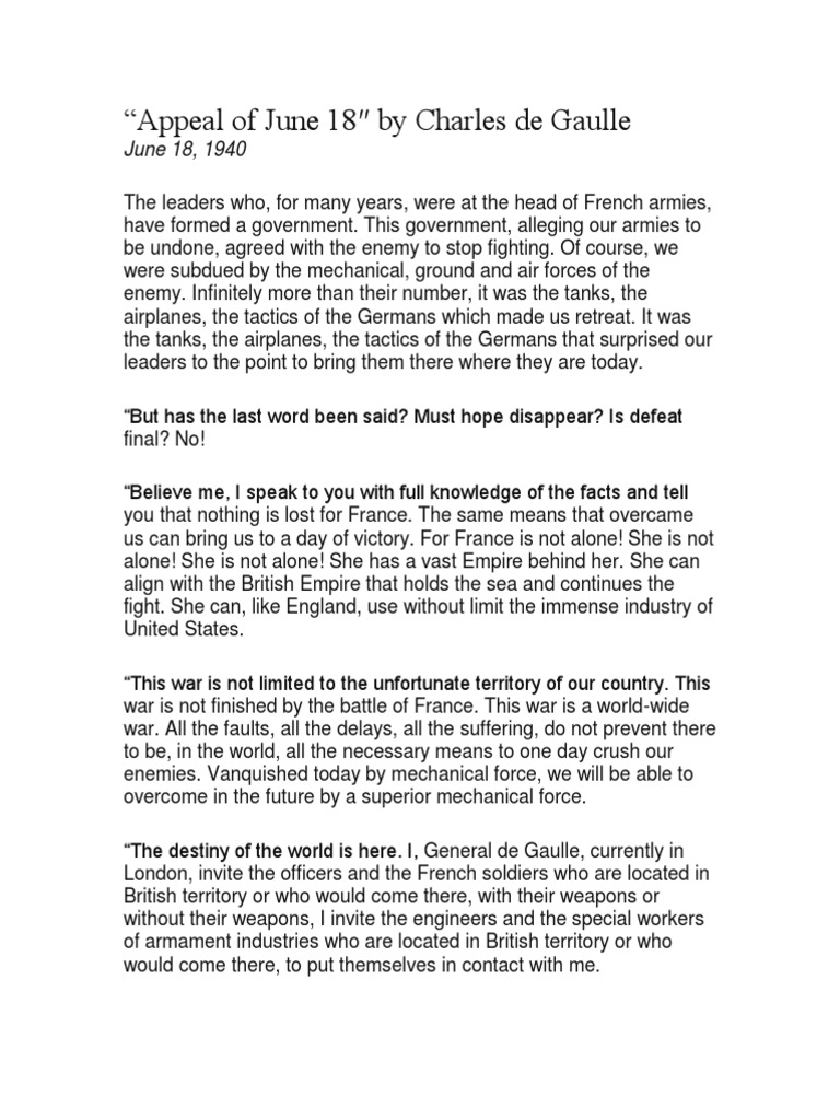 Appeal of June 18, 1940 by de Gaulle | PDF | History