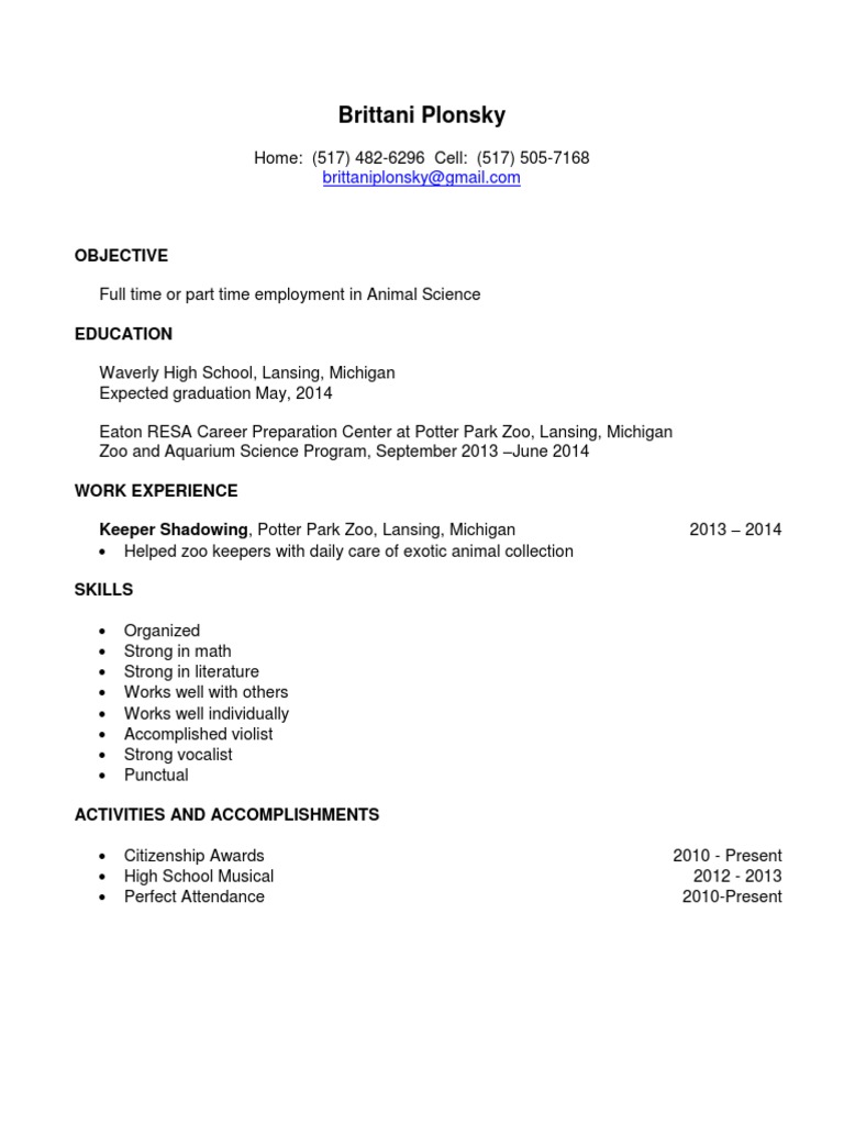 Brittani Plonsky's Animal Science Resume | PDF