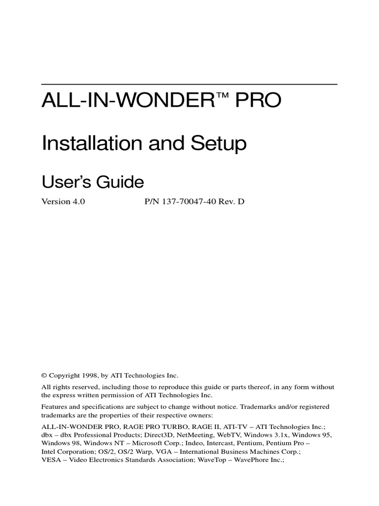 All-In-Wonder PRO Installation and Setup: User's Guide | PDF ...
