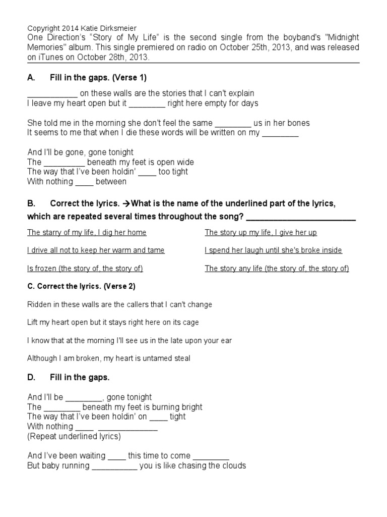 One Direction - Story of My Life Lyrics Fill-In and Correction For ...