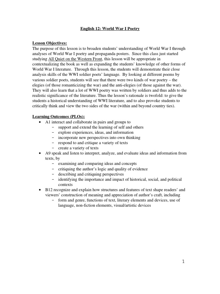 Analyzing WWI Poetry in Literature Class | PDF | Poetry | Unrest