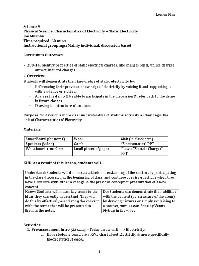 Static Electricity Lesson Plan | PDF | Electric Charge | Ion