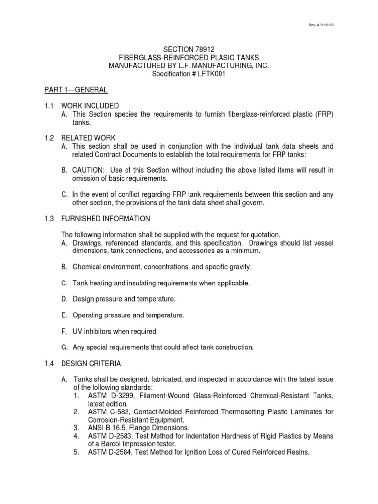 Sample FRP Tank Specification | PDF | Fiberglass | Fibre Reinforced Plastic
