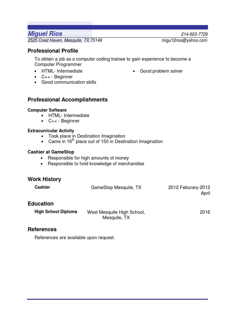 Computer Coding Trainee Resume | PDF