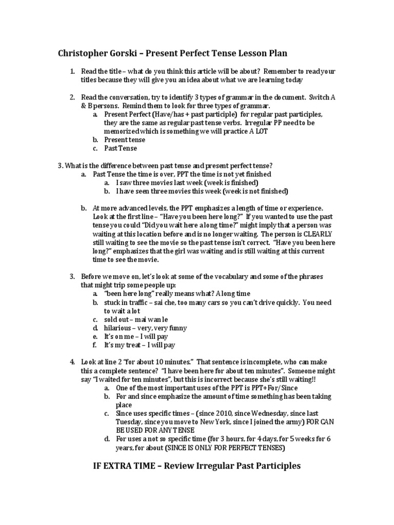 Christopher Gorski - Present Perfect Tense Lesson Plan | PDF | Perfect ...