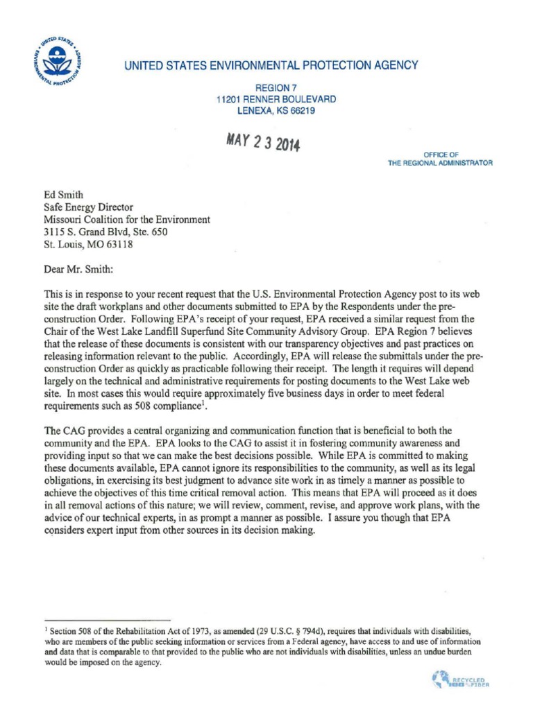 Letter From EPA Region 7 Administrator Karl Brooks To Missouri ...