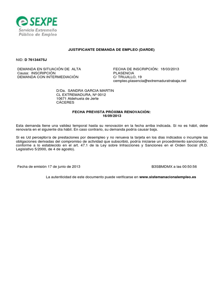 Justificante Demanda de Empleo (Darde) | PDF
