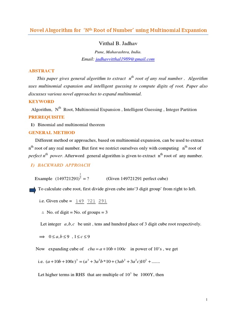 11 - Algoritmo de Novela Por 'Enésima Raíz de Número' Usando Expansión Multinomial | PDF ...