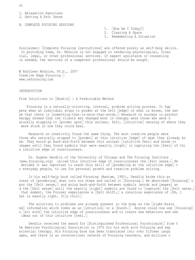 Focusing Instruction Manual | PDF | Intuition | Feeling