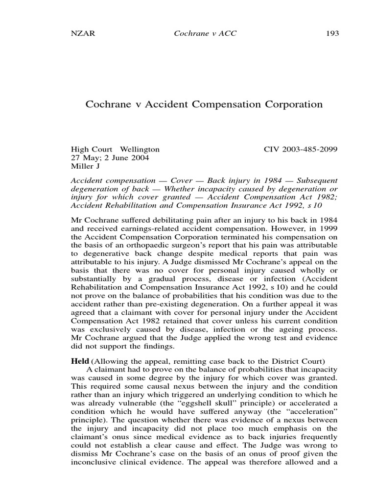 Cochrane V ACC | PDF | Causation (Law) | Causality