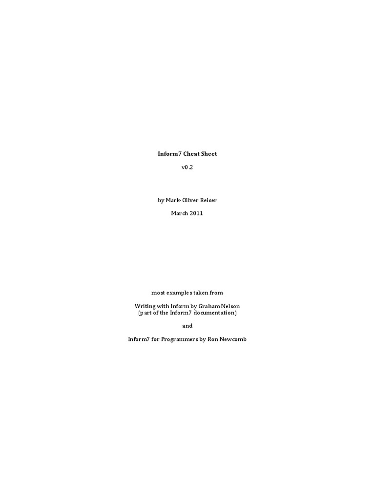 Inform 7 Cheat Sheet | PDF | Adjective | Semantic Units