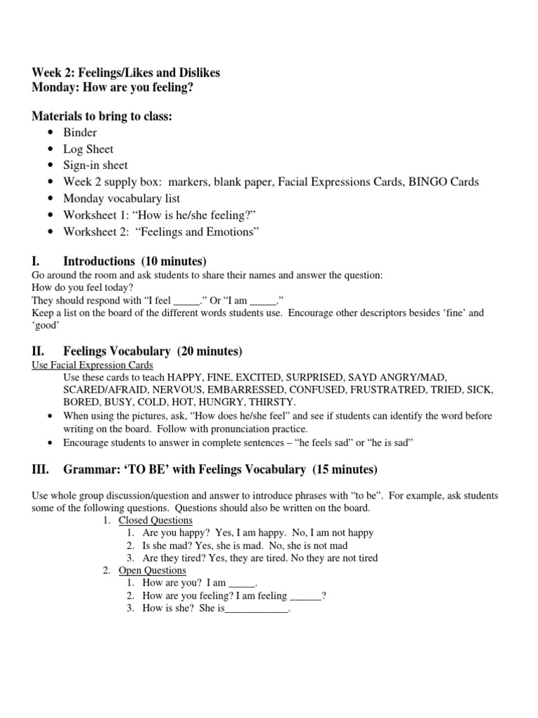 Monday Lesson Plan | PDF | Emotions | Languages