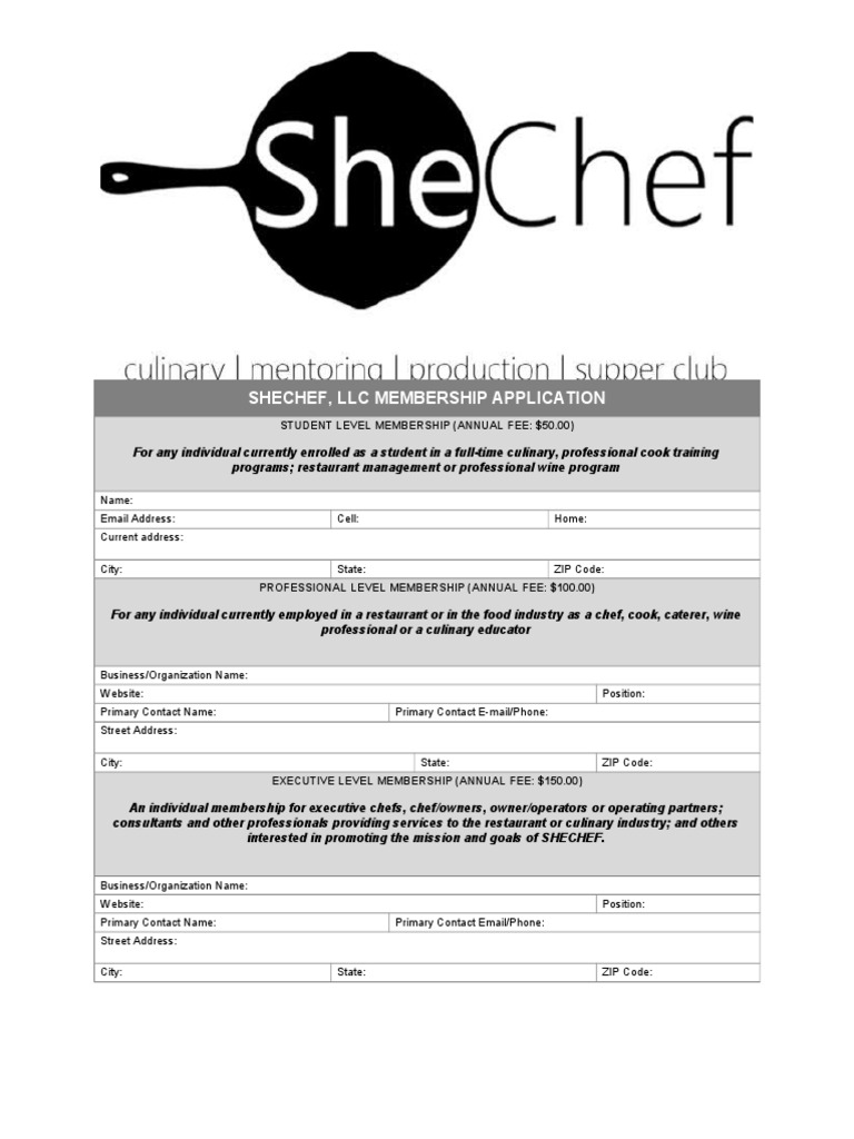 SheChef Membership Application Form | PDF | Restaurants | Small Business