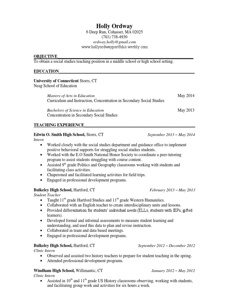 Holly Ordway Resume Weebly | PDF | University Of Connecticut | Teachers