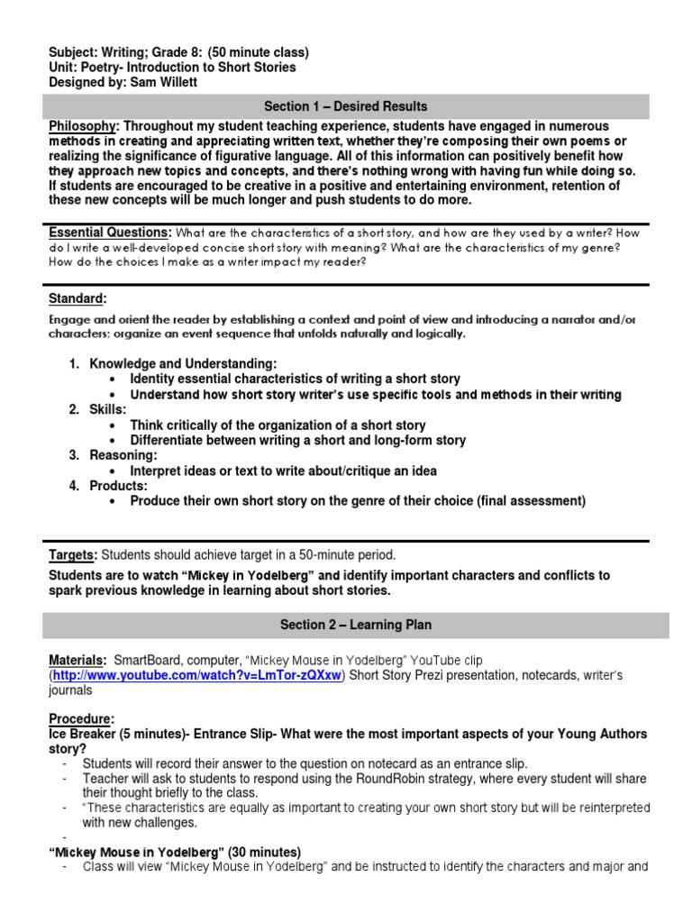 ST Lesson Plan - Introduction To Short Stories | PDF | Lesson Plan ...