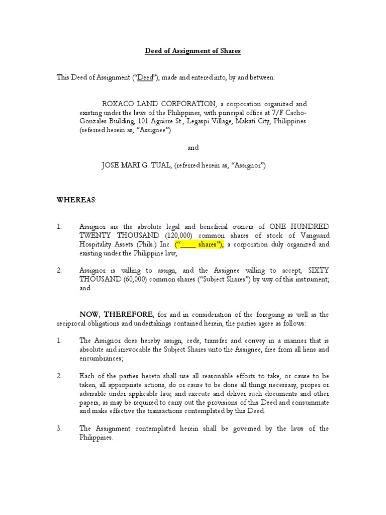 Deed of Assignment of Shares VHA-JTual | PDF | Assignment (Law) | Deed