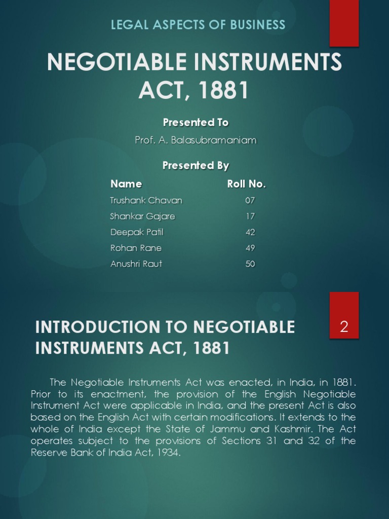 Overview of Negotiable Instruments Act | PDF | Negotiable Instrument ...