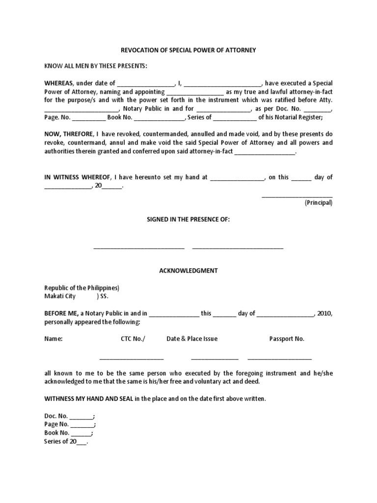 FOrmat SPA and Revocation of SPA | Power Of Attorney | Notary Public