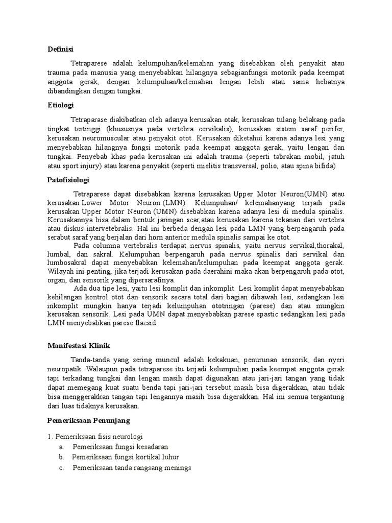 Tetraparese: Penyebab, Gejala, dan Penanganan | PDF