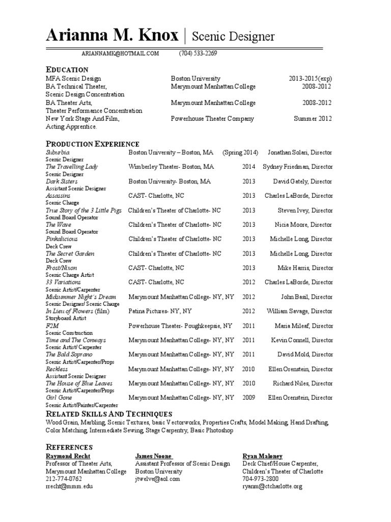 Arianna Knox: Scenic Designer Resume | PDF