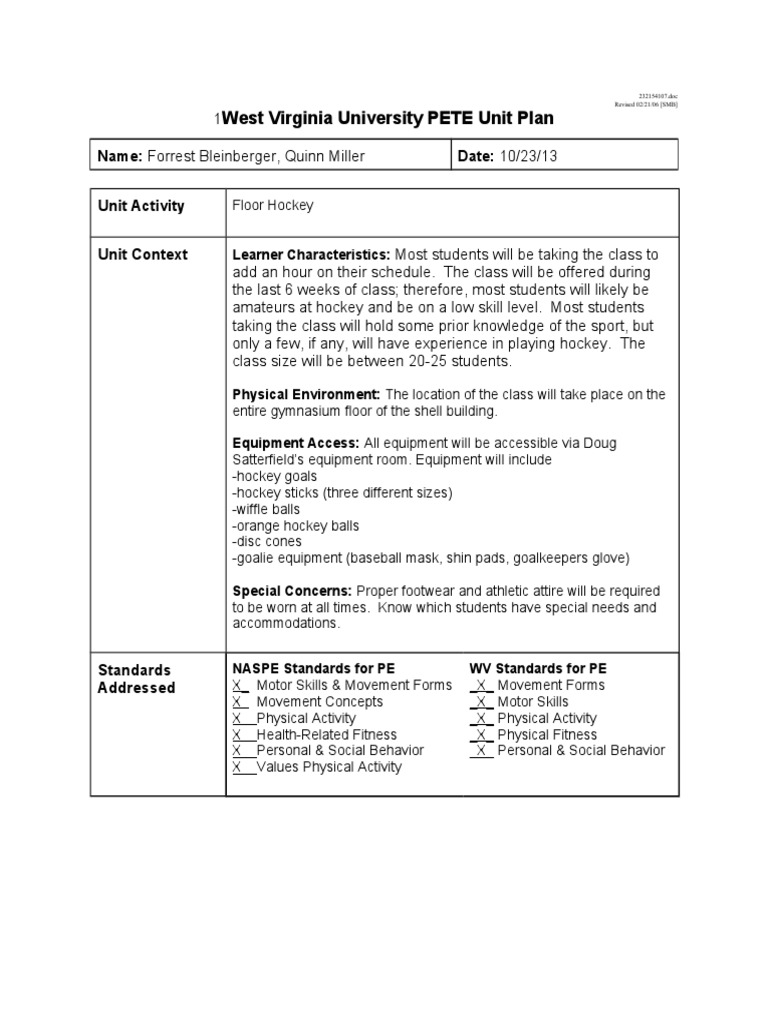 Bip - Floor Hockey Unit Plan Finalized | PDF | Sports Rules And ...