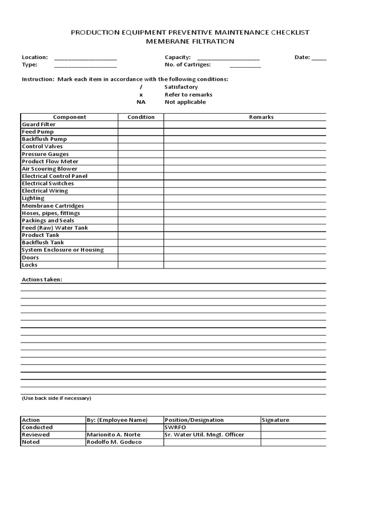 Membrane Filtration Maintenance Checklist | PDF