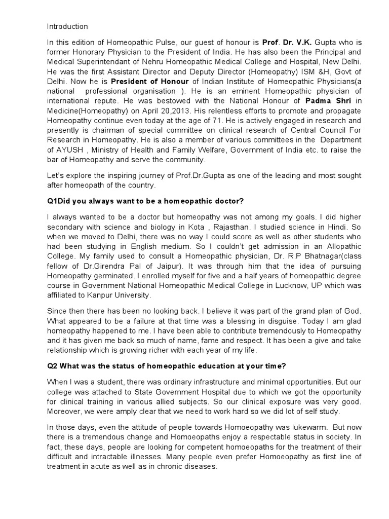 Interview of Dr. V.K. Gupta | PDF | Homeopathy | Physician