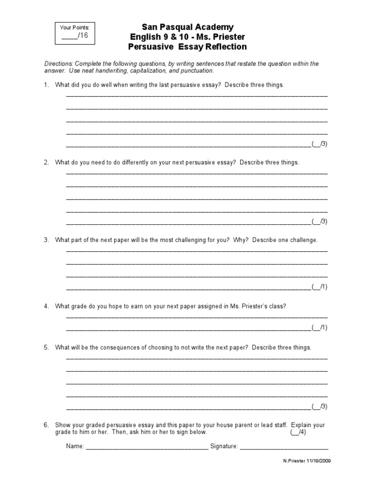 Persuasive Essay Reflection Guide | PDF | Writing | Human Communication