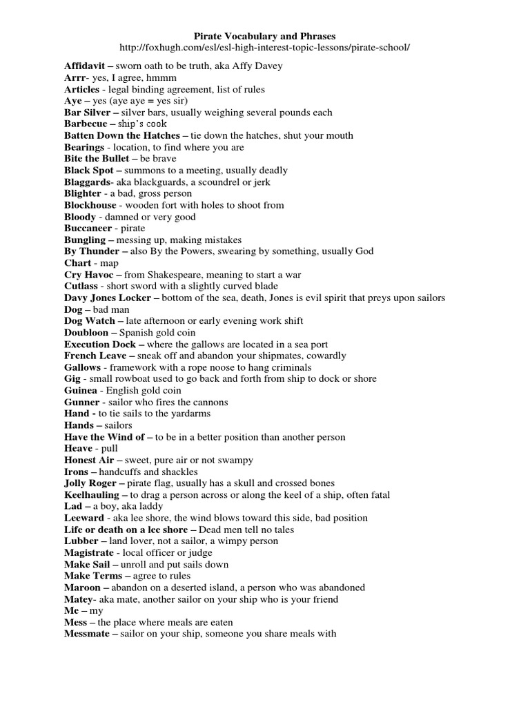 Pirate Vocabulary and Phrases Guide | PDF | Sailor | Piracy