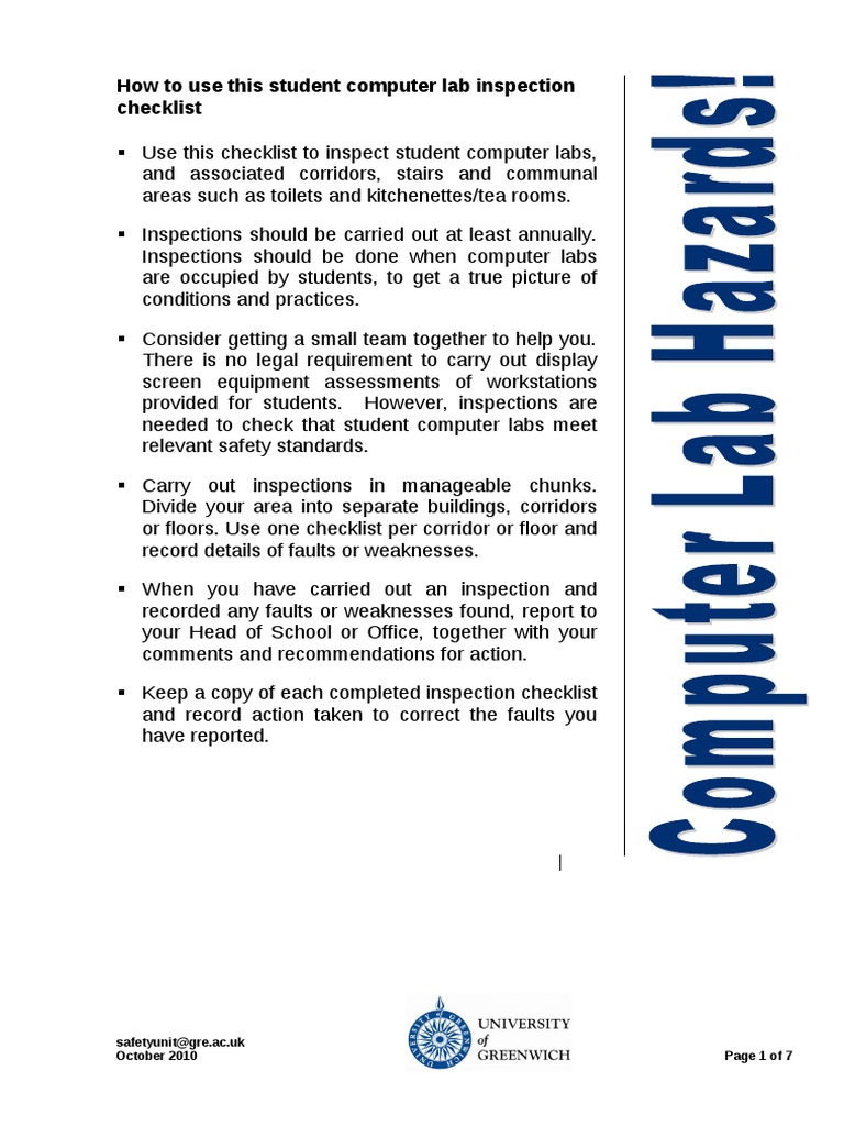 Student Computer Lab Insp Checklist October 2010 | PDF | Electrical ...