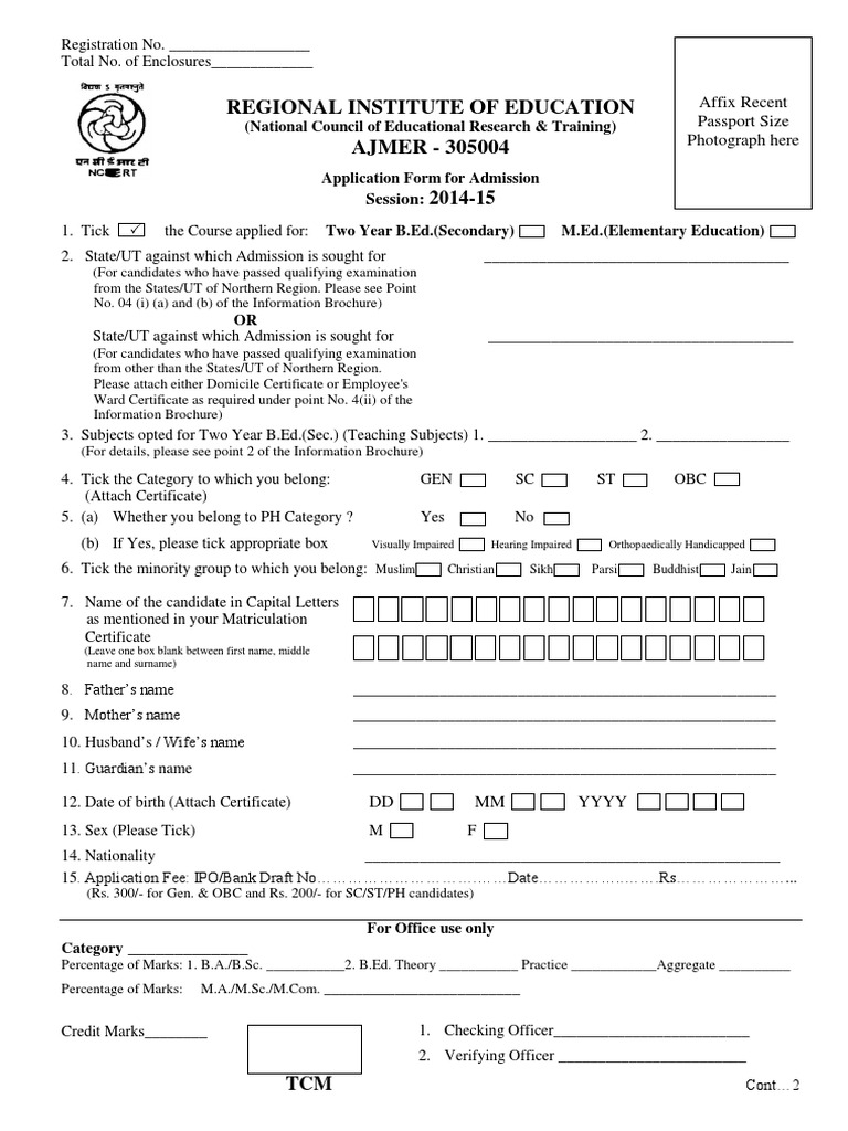 RIE Ajmer BEd Med Application Form | PDF | Qualifications | Academia