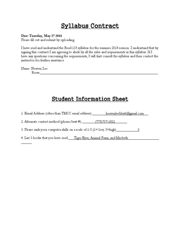 Syllabus Contract: Student Information Sheet | PDF | Career & Growth