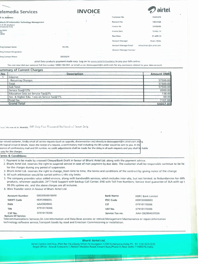 Airtel Bill0001 Invoice Telecommunications