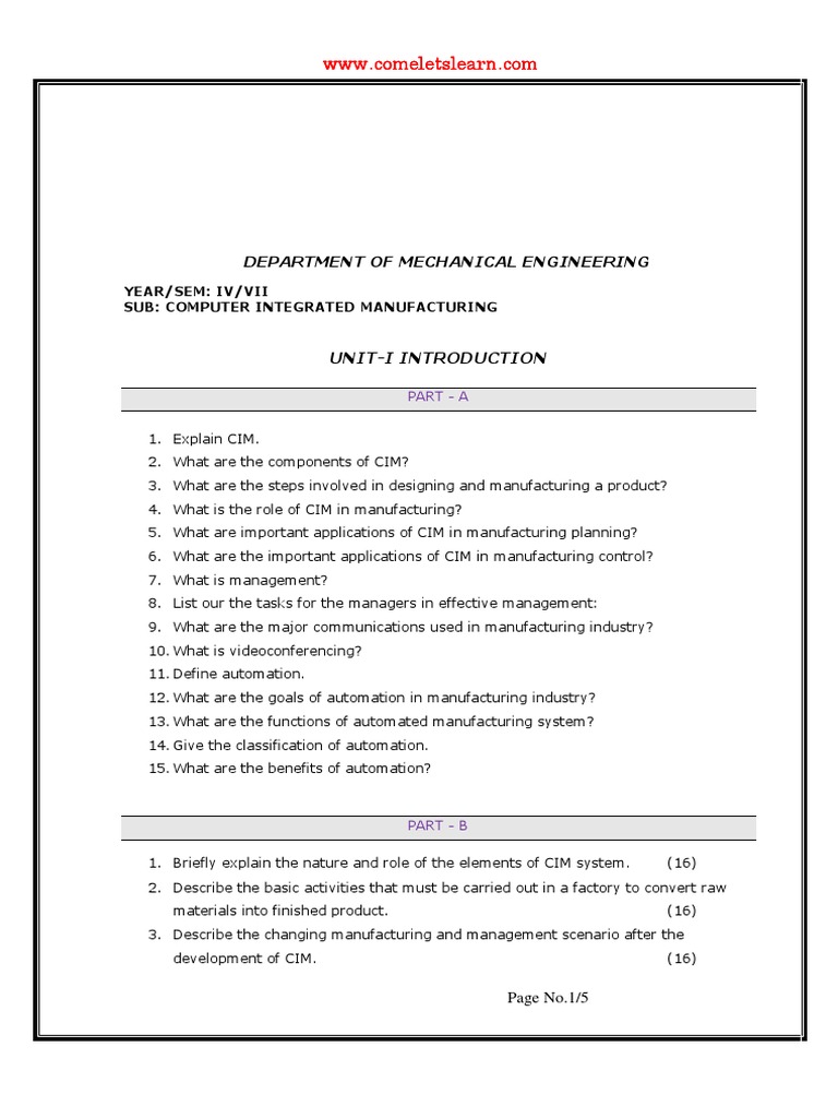 Department of Mechanical Engineering: Unit-I Introduction | PDF ...