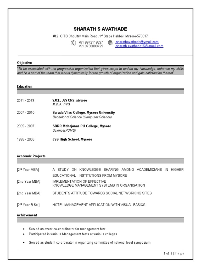 Sharath Avathade - HR & Operations Resume | PDF | Further Education