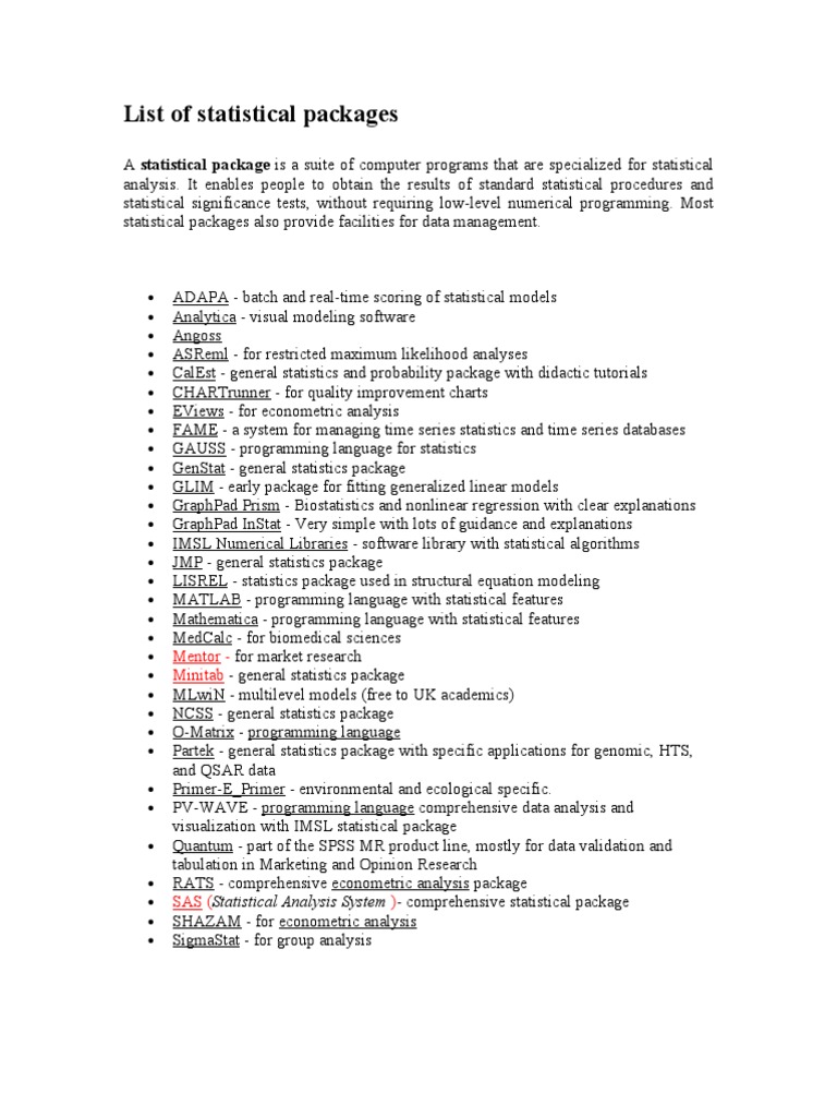 List of Statistical Packages | PDF | Sas (Software) | Statistics List of Statistical Packages | PDF | Sas (Software) | Statistics