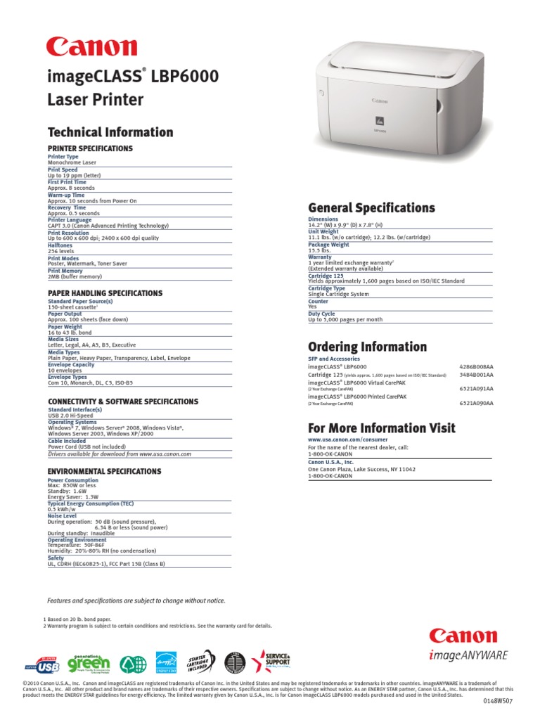 Imageclass Lbp6000 Laser Printer: Technical Information | PDF | Printer ...