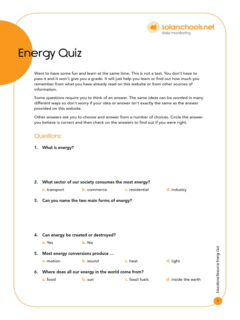 Energy Quiz: Questions | PDF | Energy Development | Fuels