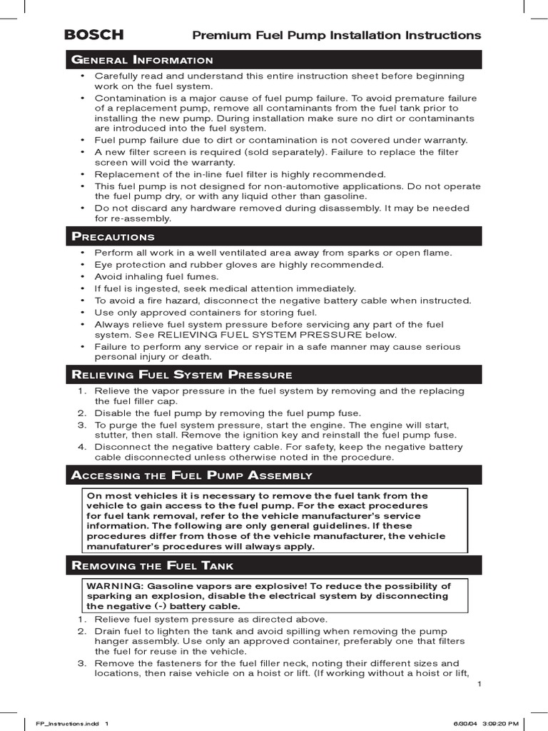 Premium Fuel Pump Installation Instructions | PDF | Energy Technology ...