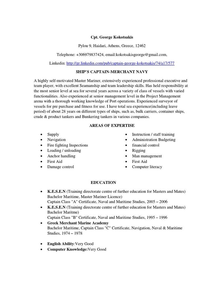 Kokotsakis George CV | PDF | Sea Captain | Ships