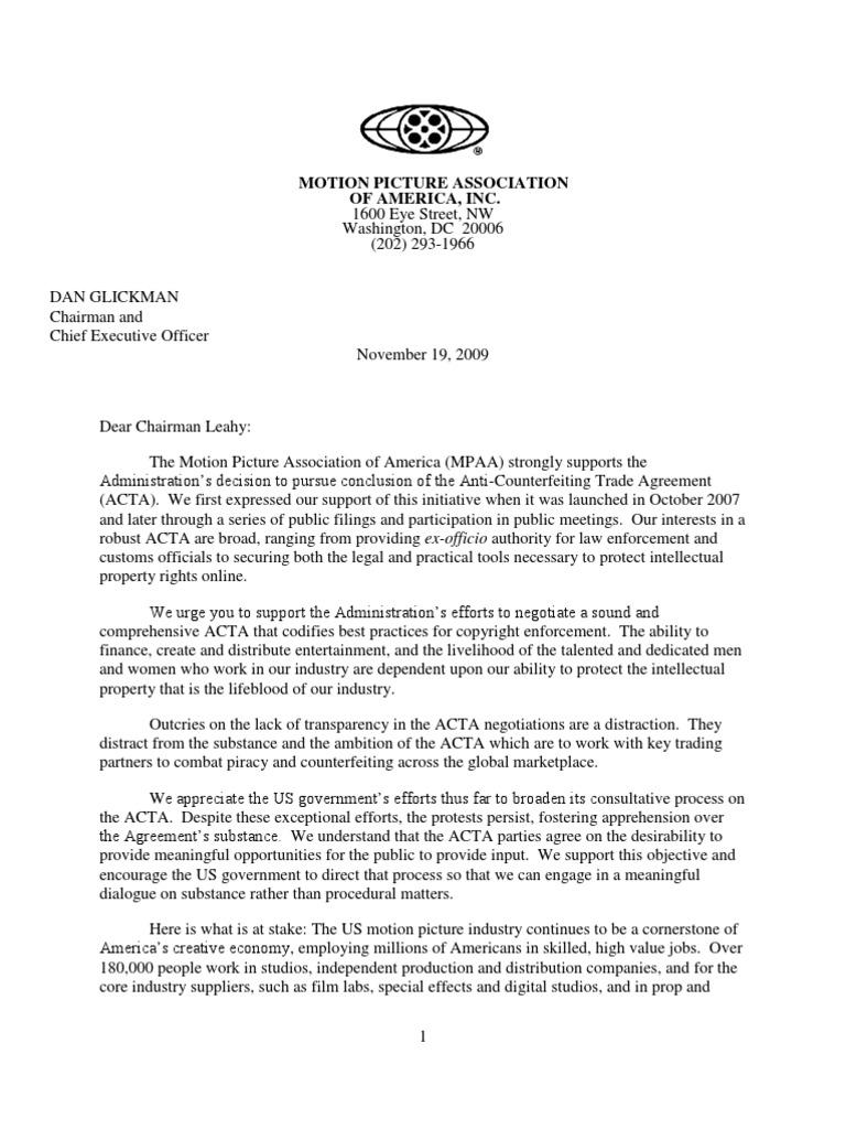MPAA Letter Re ACTA | PDF | Copyright Infringement | Trips Agreement